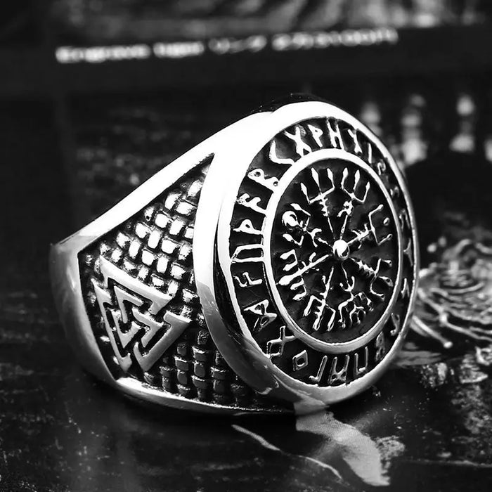Futhark Runes Compass Stainless Steel Viking Ring - Vrafi Jewelry
