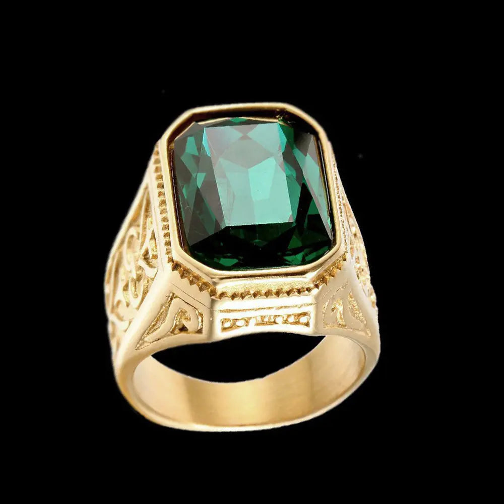 Gemstone Embed Golden Stainless Steel Ring - Vrafi Jewelry