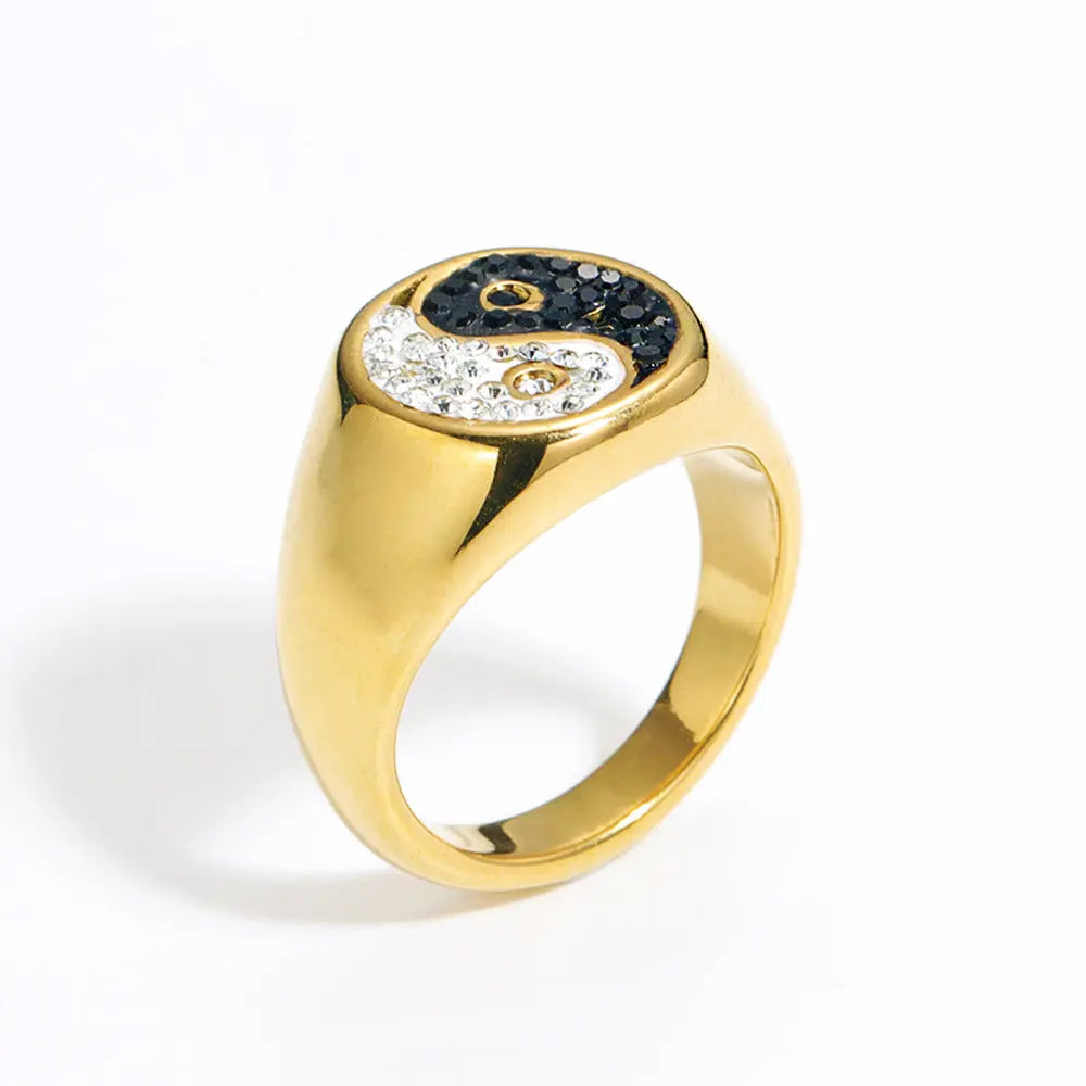 Gemstone Embed YinYang Stainless Steel Ring - Vrafi Jewelry