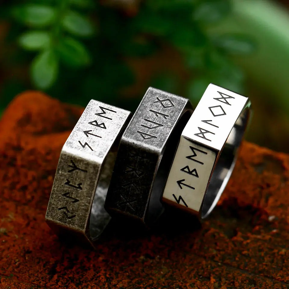 Hexagon Viking Rune Stainless Steel Ring Band - Vrafi Jewelry