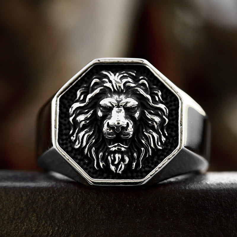 Octagonal Vintage Lion Head Men's Ring - Vrafi Jewelry