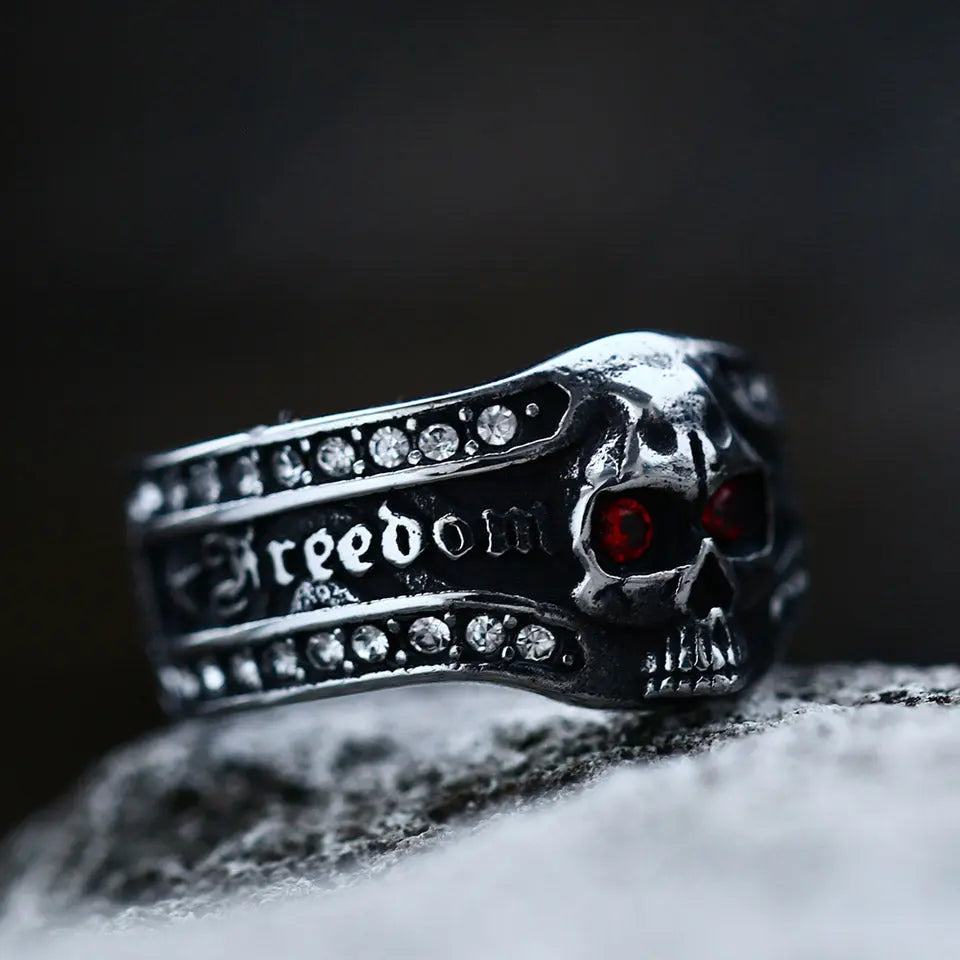 Red Eye Gemstone Skull Stainless Steel Ring - Vrafi Jewelry