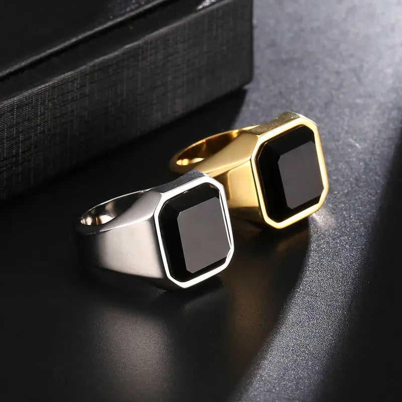 Square Obsidian Stainless Steel Ring - Vrafi Jewelry