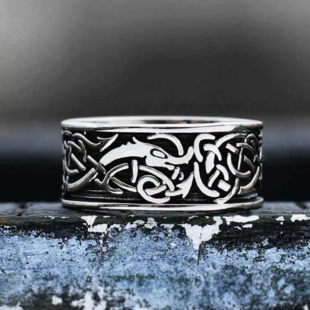Viking Dragon Celtic Knot Stainless Steel Ring - Vrafi Jewelry